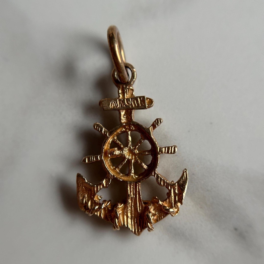 Solid Gold Ship Anchor and Wheel Charm, Small Etched Anchor Gold ...