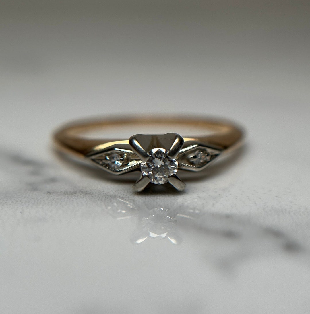 Vintage Thin 14-18KT Gold Diamond Ring, Stackable White & Yellow Gold ...