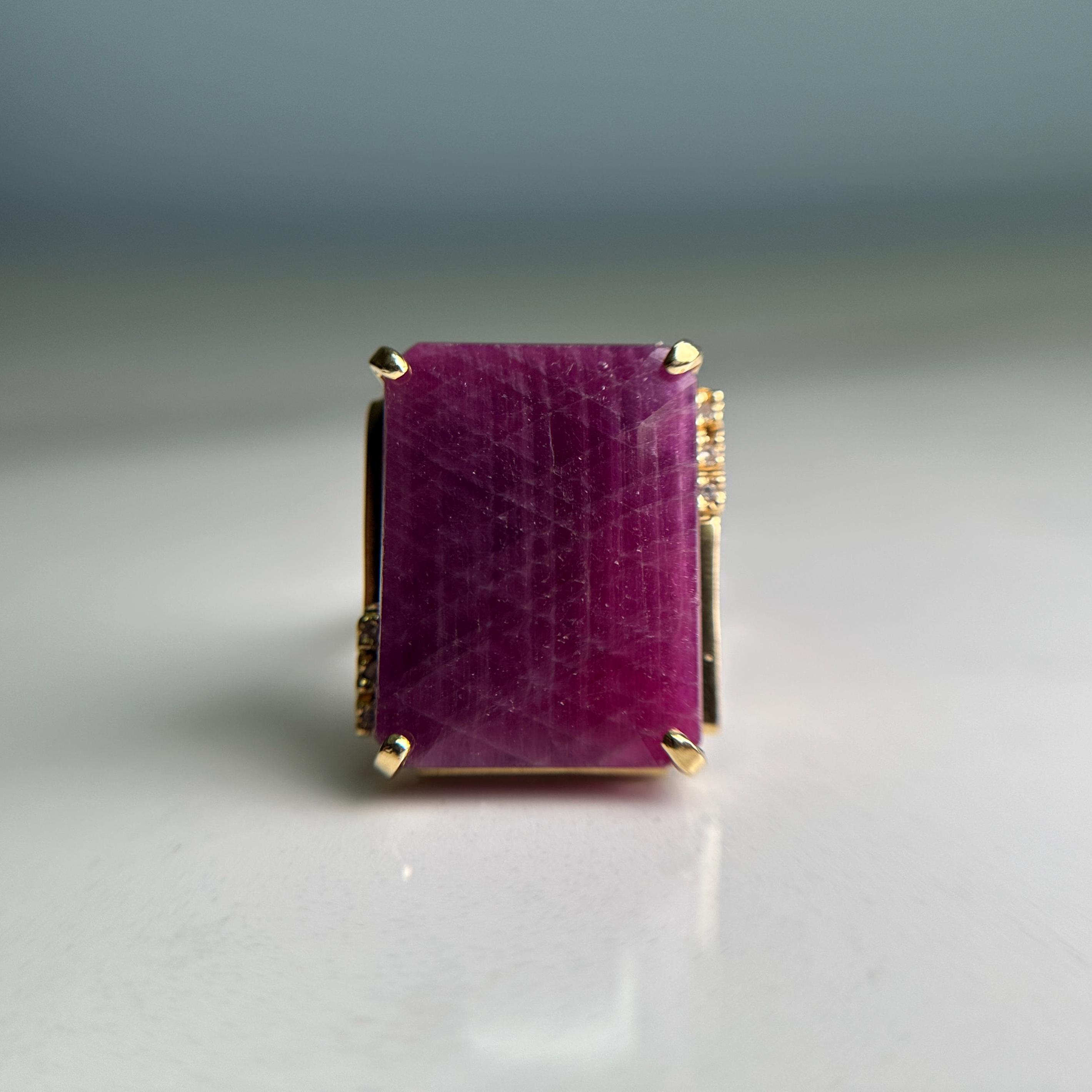 Purple Ruby Rectangle Flat Stone Ring, 18KT Yellow Gold Ruby and ...
