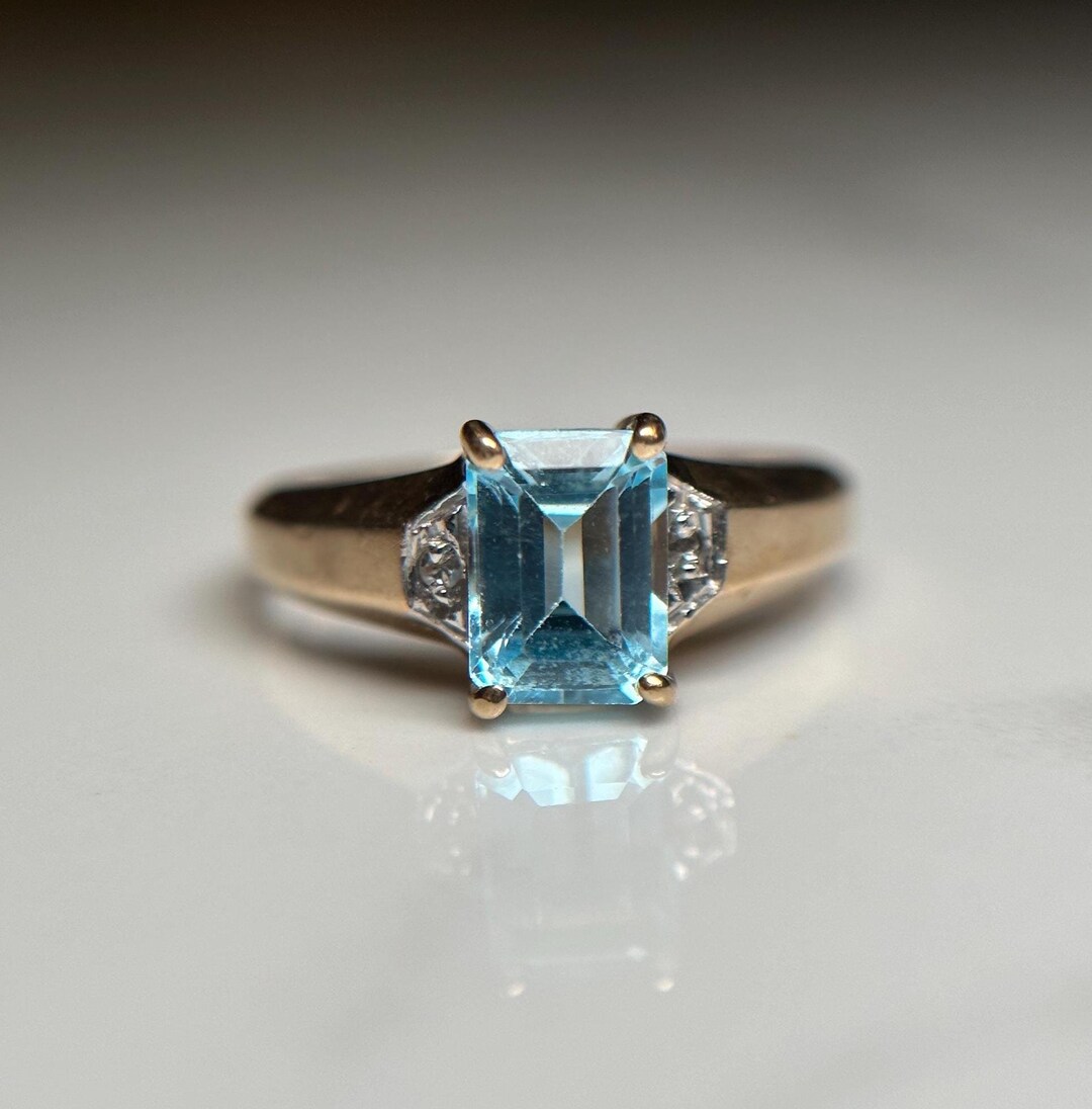 Blue Topaz Ring, Emerald Cut Light Blue Gemstone and Decorative Side ...
