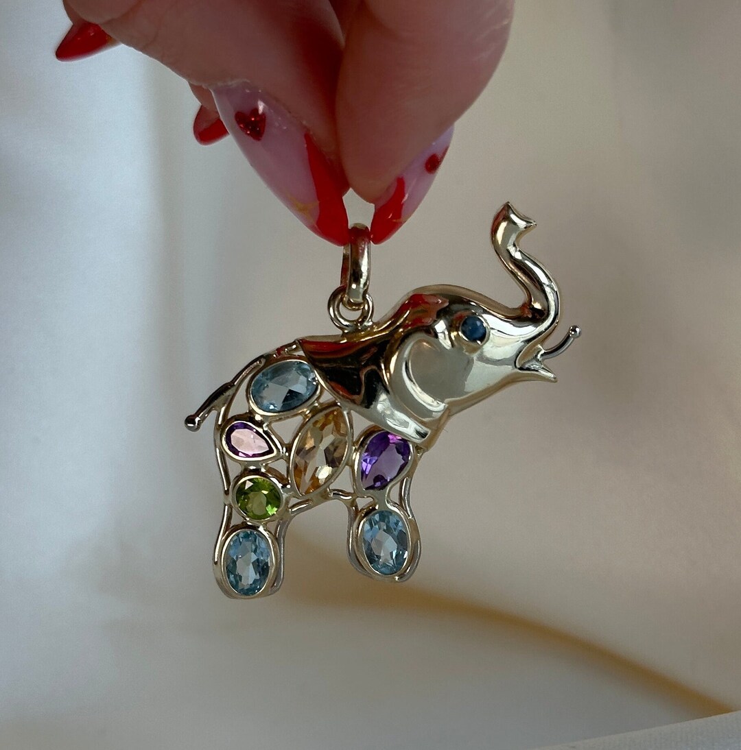 Estate 14KT Gold Multi-stone Elephant Pendant, Blue Topaz, Amethyst ...