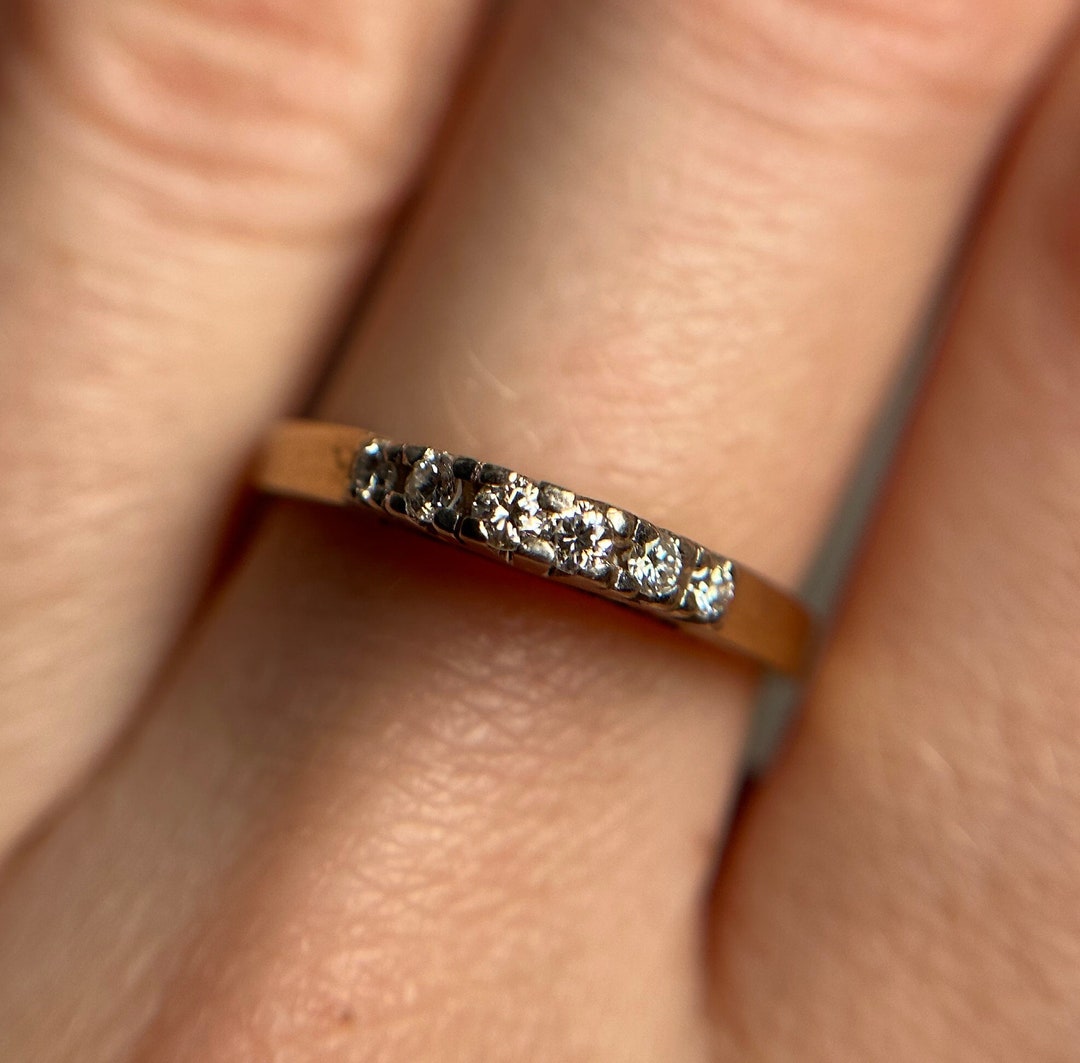 Estate 14KT Gold Diamond Stacking Band, Six Stone Diamond Ring, Tall ...