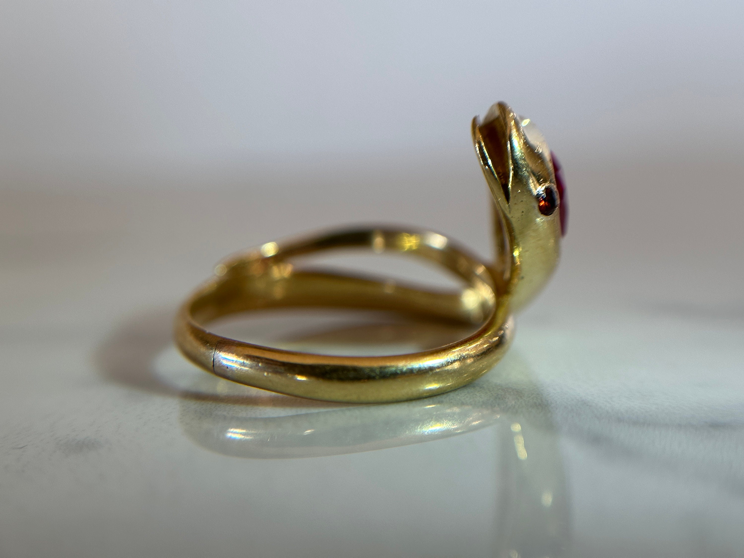 Estate 18KT Gold Snake Ring, Synthetic Red Gemstone Head and Eyes Snake ...