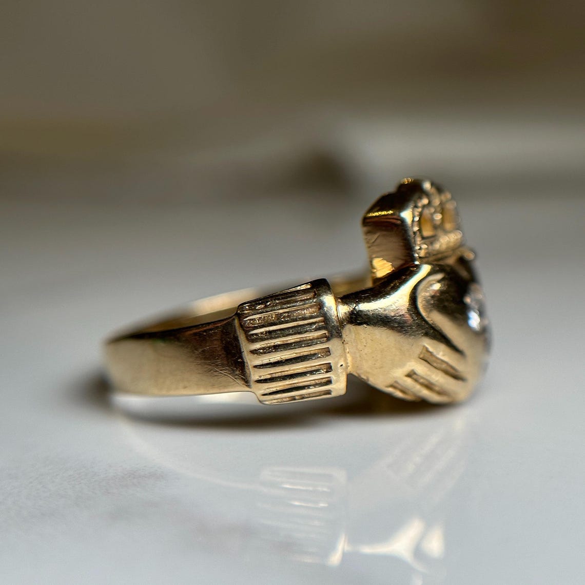 Estate Diamond Irish Claddagh Ring, 10KT Gold and Diamond Celtic ...