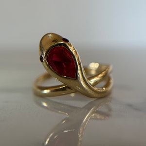 Estate 18KT Gold Snake Ring, Synthetic Red Gemstone Head and Eyes Snake ...