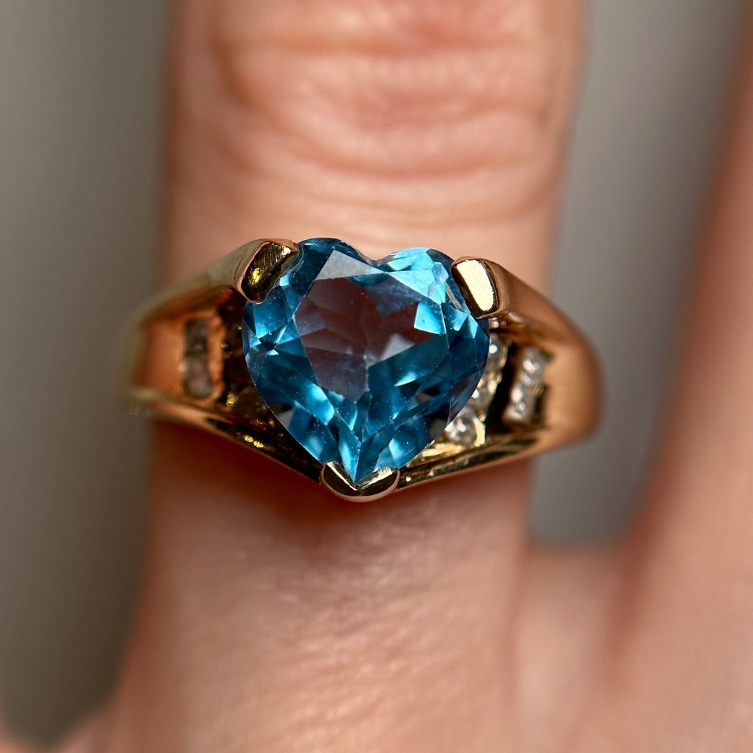 Estate 10KT Yellow Gold Light Blue Heart and Diamond Ring, Gold Heart ...