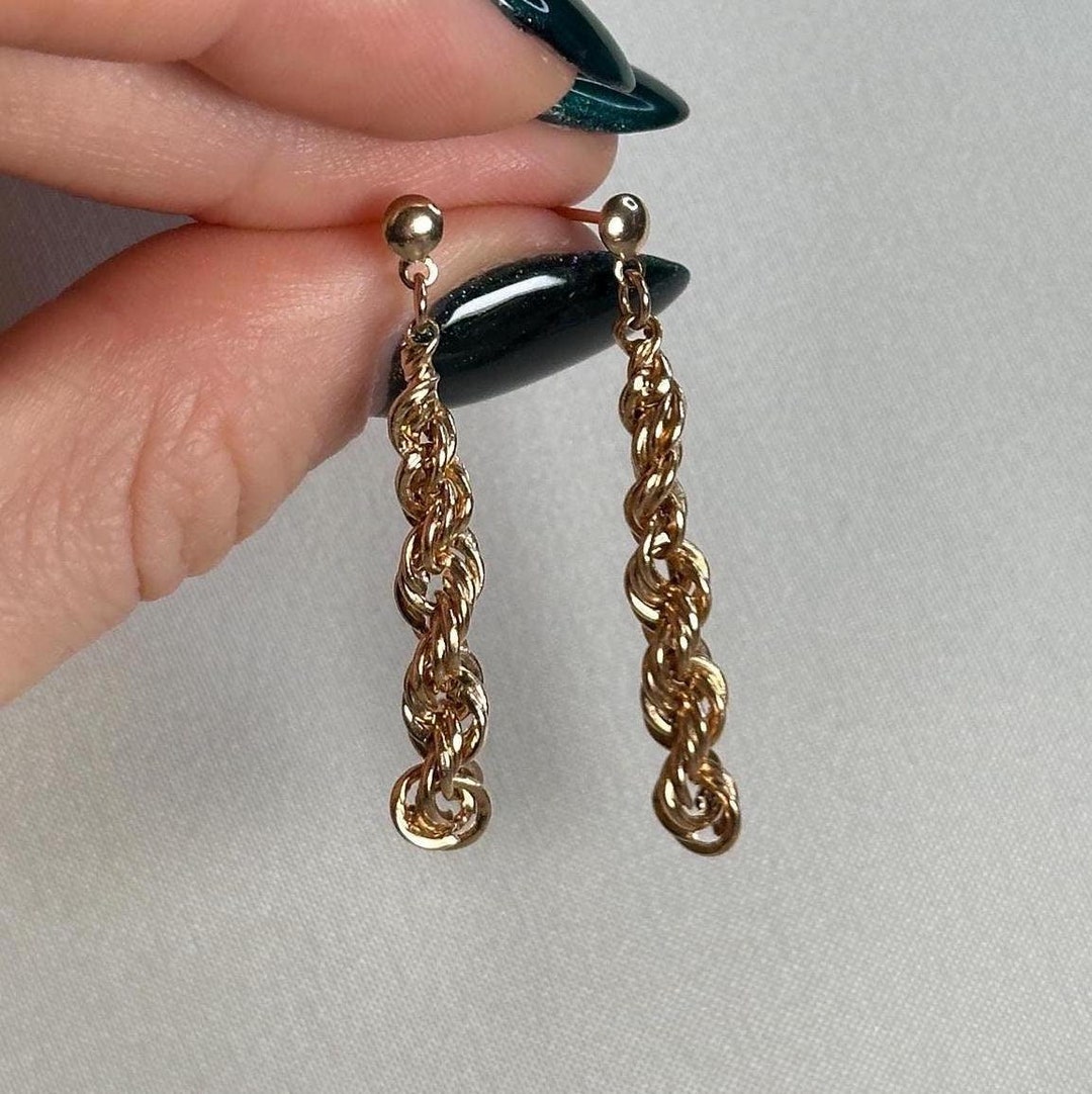 10KT Solid Gold Rope Chain Dangly Earrings, Post & Butterfly Clasp Long ...