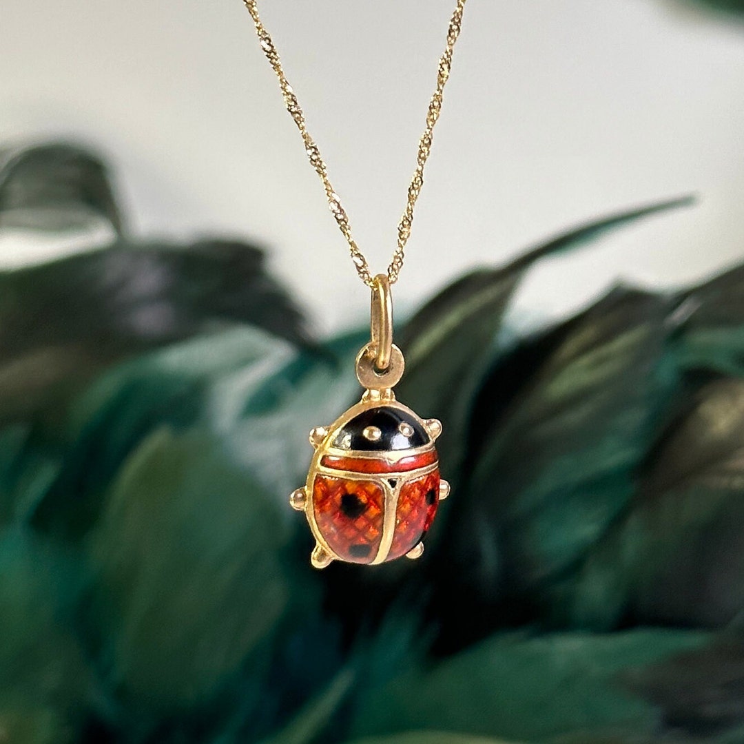 Estate 18KT Gold Ladybug Pendant Charm, Beautiful Painted Red and Black ...