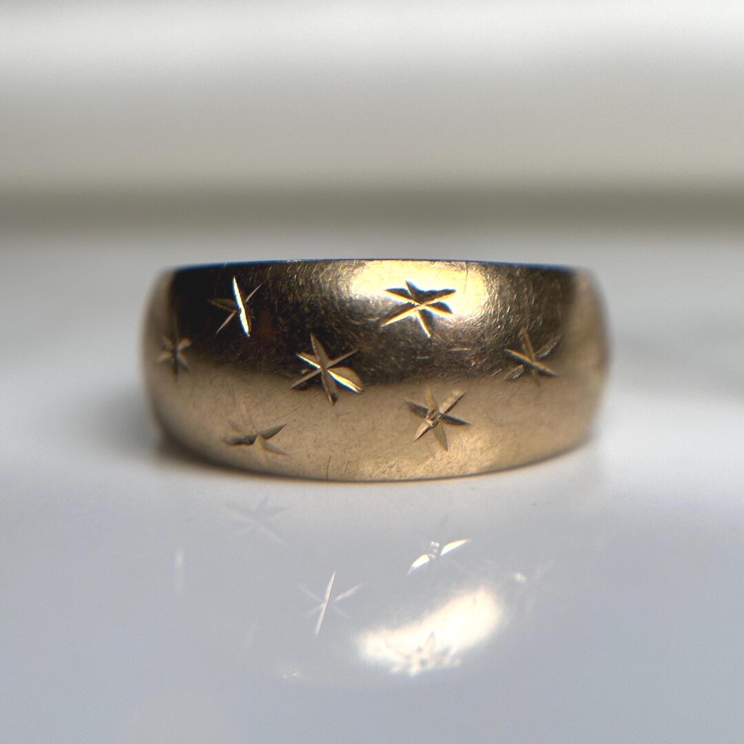 Solid 18KT Yellow Gold Star Band, Engraved Stars Wide Ring, Etched Gold ...