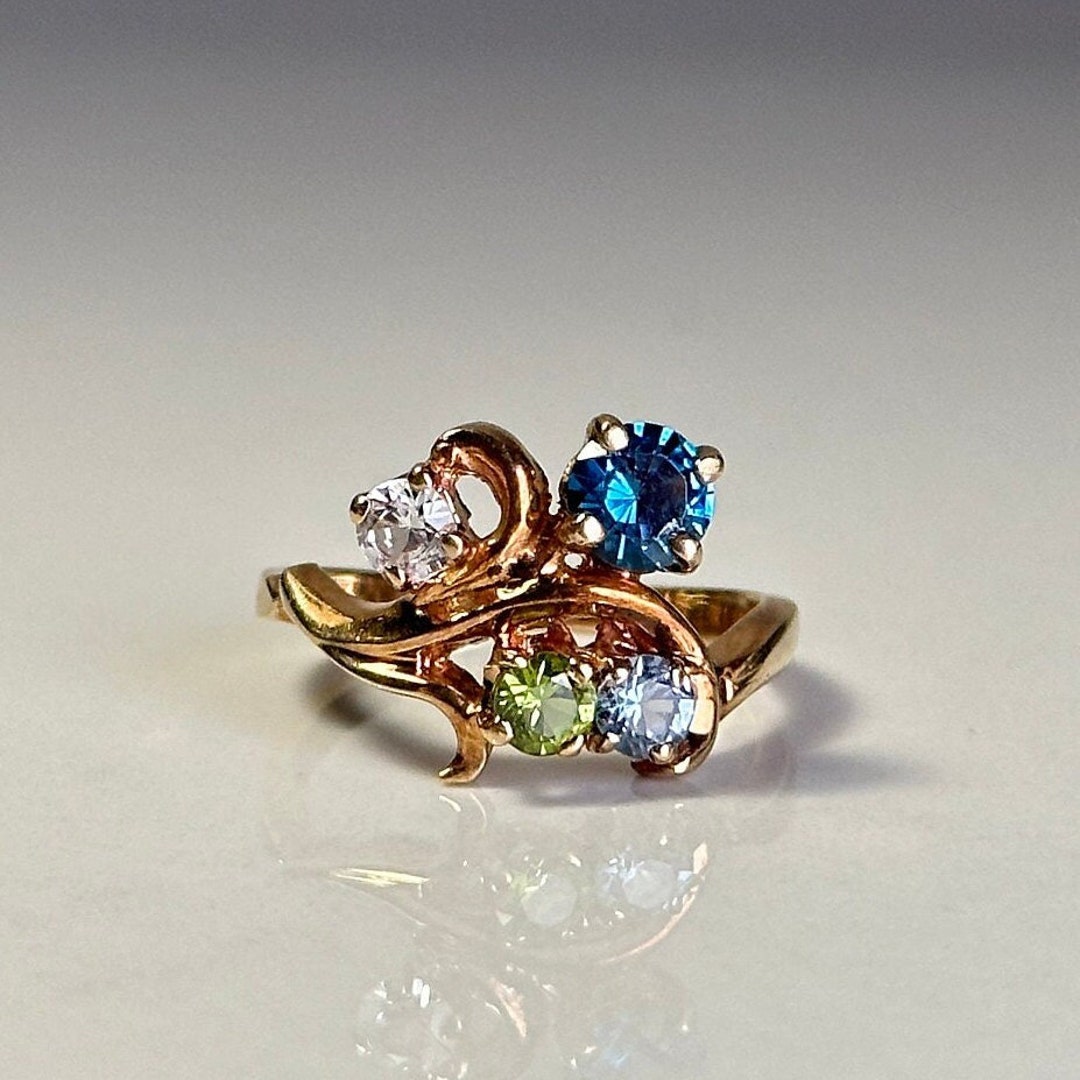 10K Gold Vintage Multi-stone Ring, Flower Design Ring, Multi-colour ...