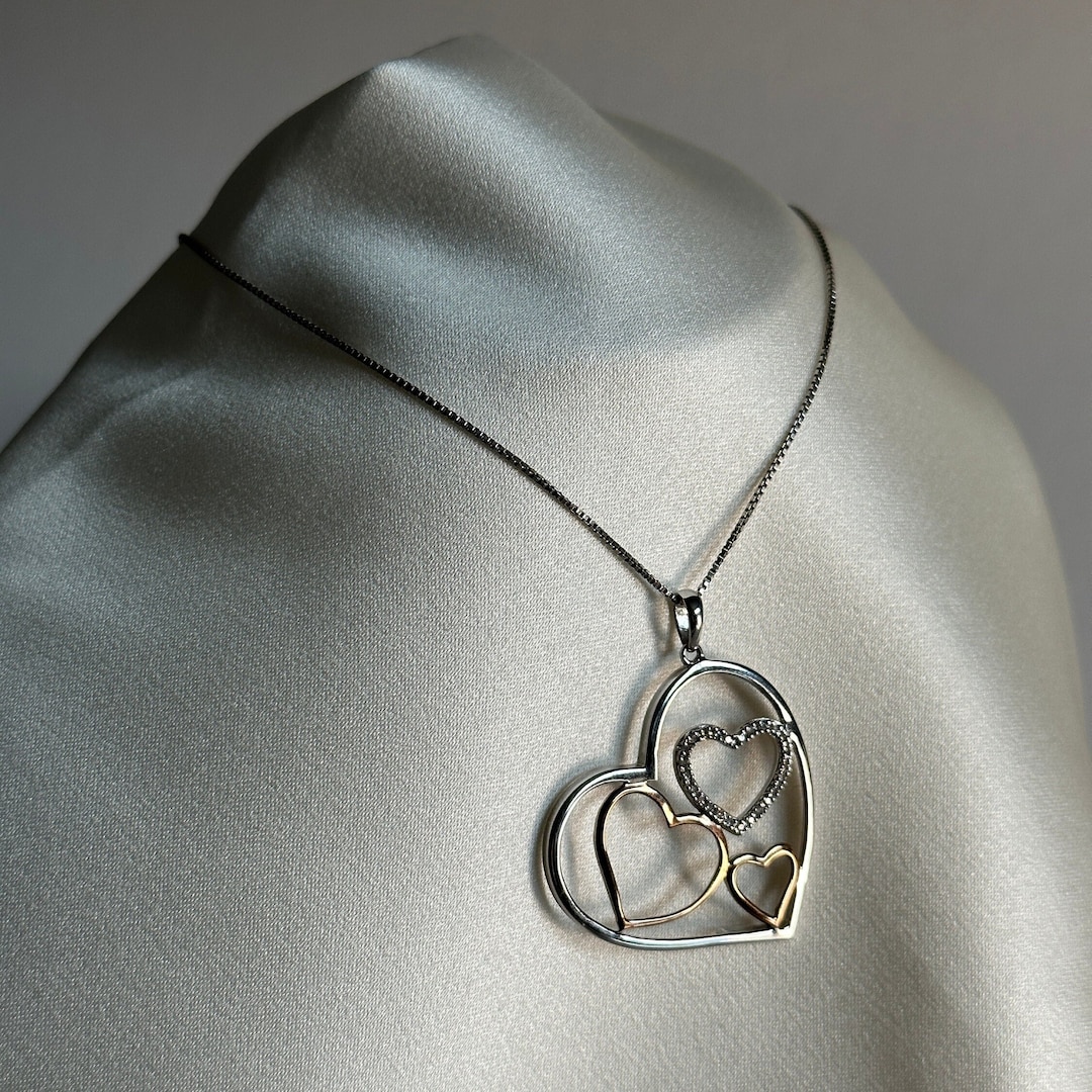Cute Multi Heart Pendant Necklace, Open Heart Sterling Silver Necklace ...