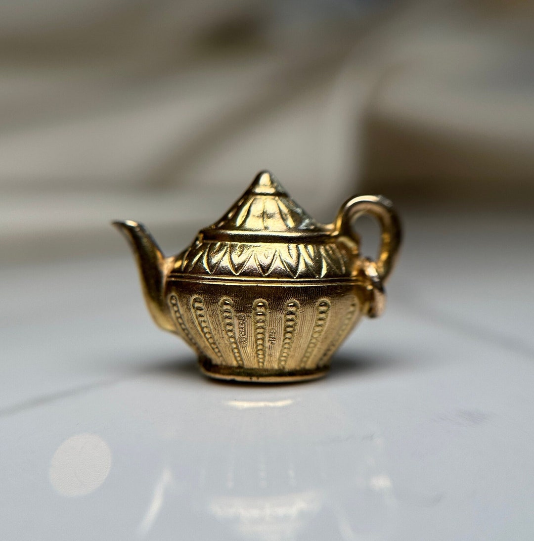 Estate 9KT Textured Teapot Charm, Hollow Detailed Etched Gold Teapot ...