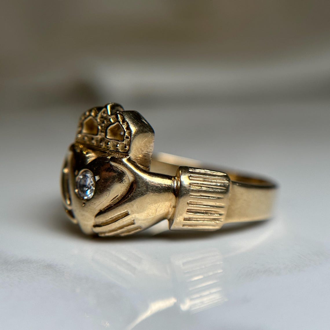 Estate Diamond Irish Claddagh Ring, 10KT Gold and Diamond Celtic ...