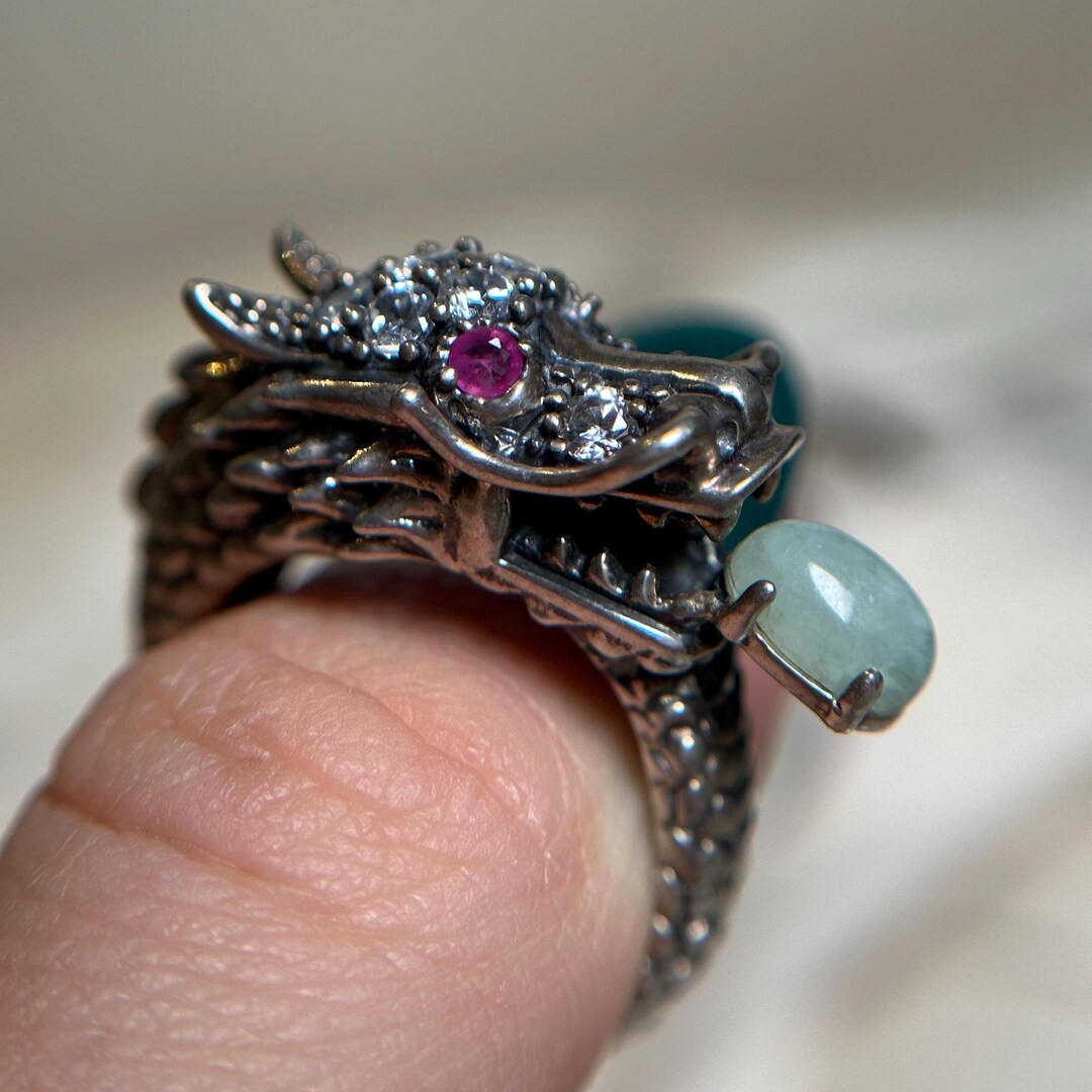 Sterling Silver Dragon Ring, Chinese Lizard With Ruby Eyes and Jade ...