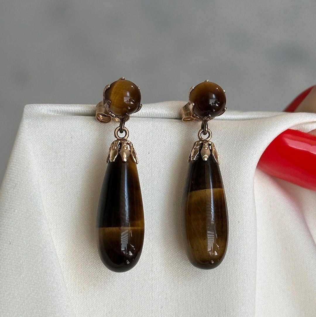 Incredible Tiger's Eye Teardrop Dangle Earrings, 14KT Yellow Gold ...