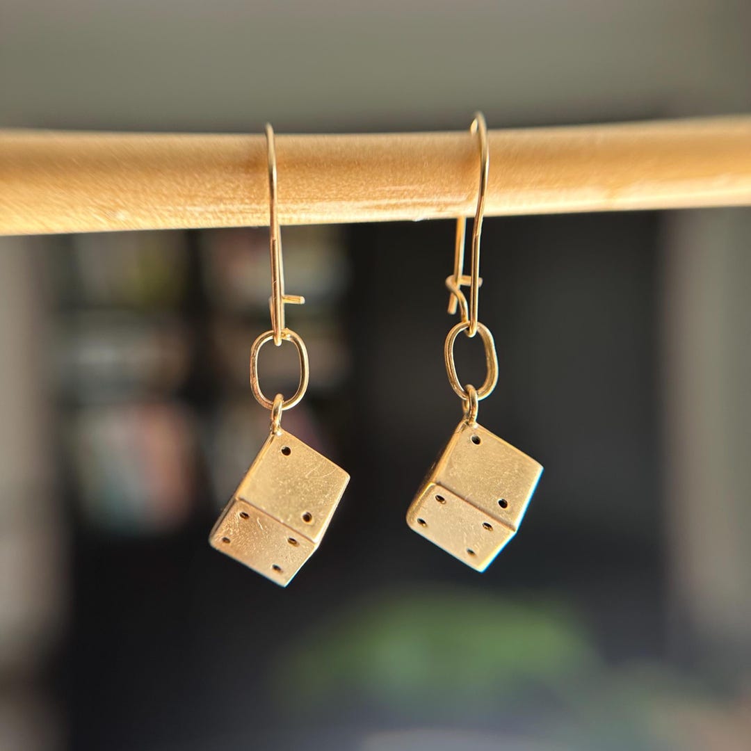 Cute Dangle Dice Earrings, Hollow Solid 14KT Yellow Gold Funky ...