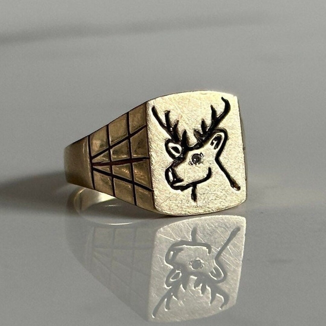 Vintage 10K Gold Moose Signet Ring With Diamond Gemstone, Engraved ...