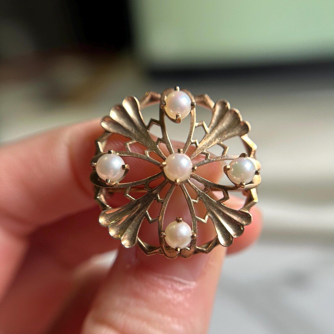 Vintage BIRKS 10KT Gold Pearl Circle Brooch, Intricate Pin Five Pearl ...