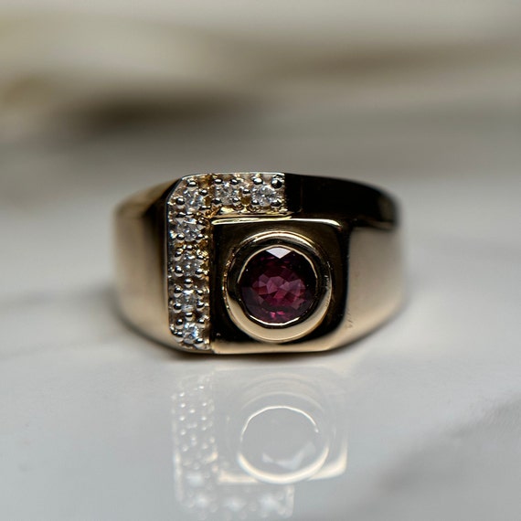 Estate Garnet and Diamond Signet Ring, Red Gemstone M… - Gem