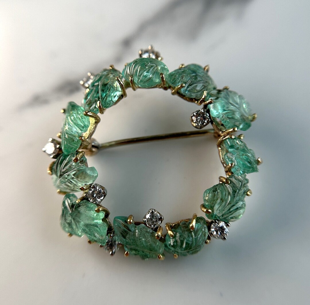 Incredible Estate 14KT Yellow Gold Natural Emerald and Diamond Wreath ...