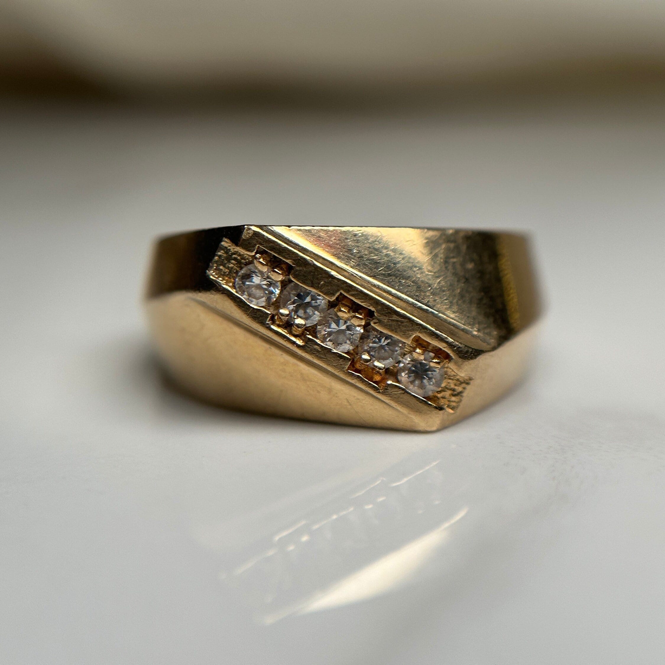 Estate 10KT Gold Diagonal Stone Ring, Men's Style Signet Ring, Wide ...