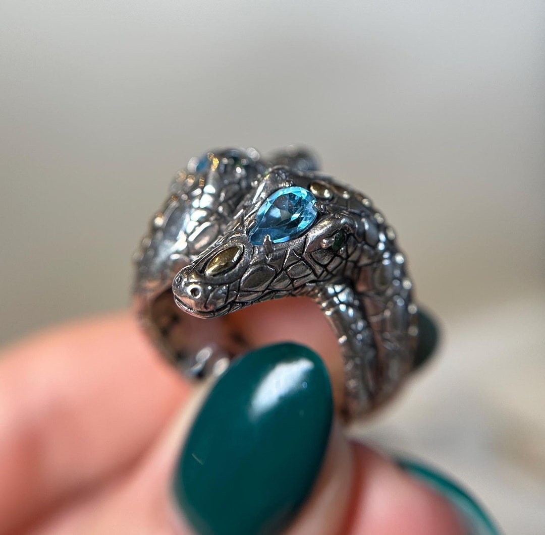 Unique Two Snake Head Ring, Sterling Silver 18KT Gold Accent Blue Topaz ...