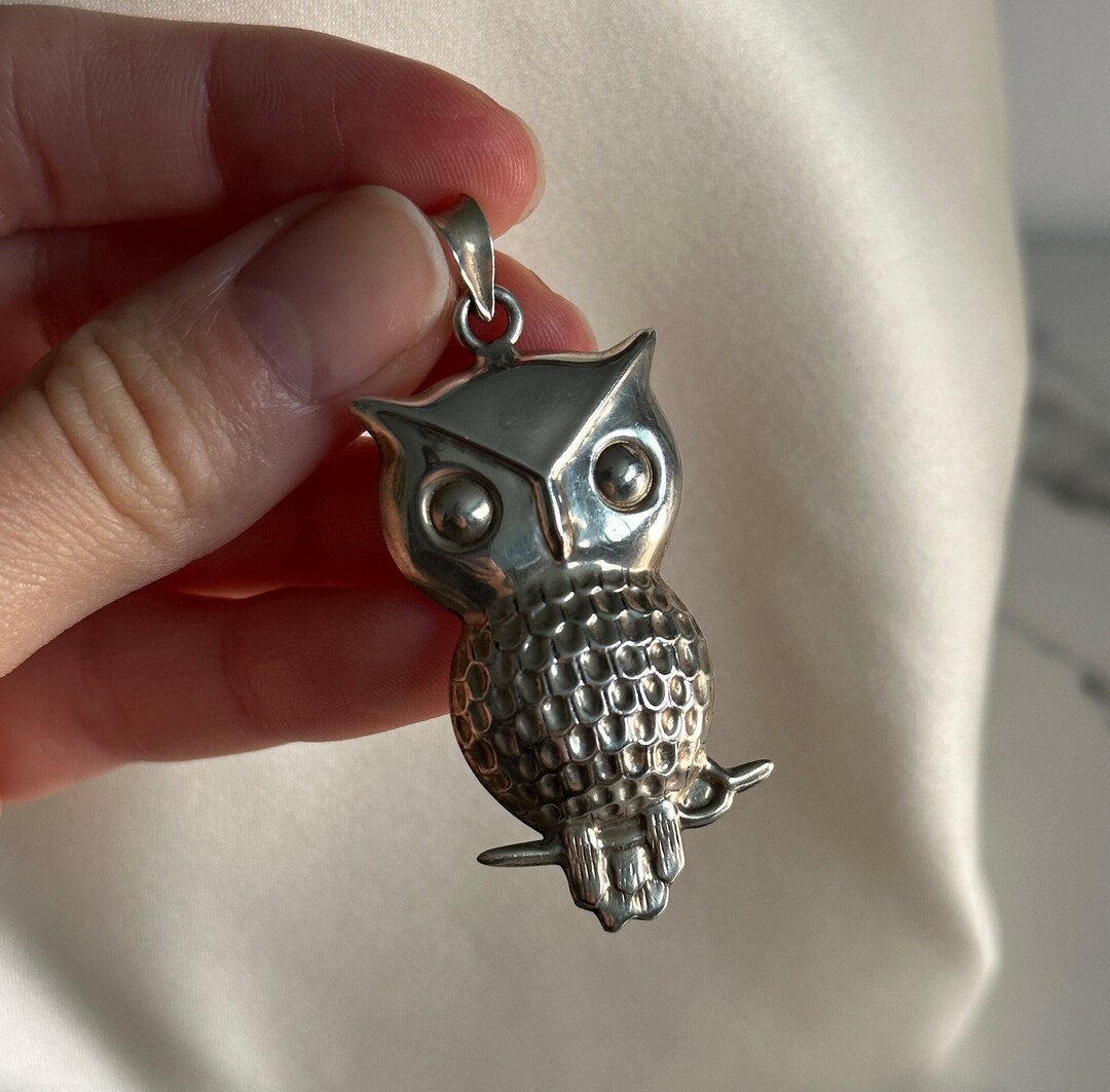 Sterling Silver Owl Pendant, Large Bird Charm on a Branch, Owl Symbol ...