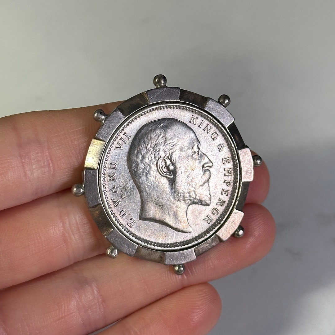 India 1907 Silver One Rupee Coin Pin, Antique Spinning Coin Brooch ...