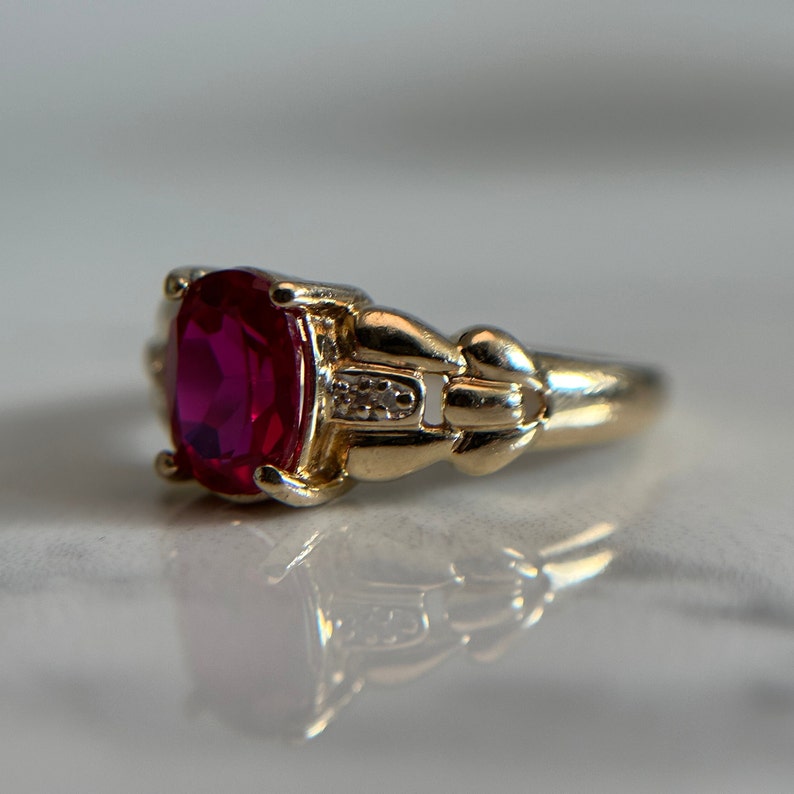 Estate 14KT Gold Synthetic Ruby Ring With Diamond Accents, Oval Cut ...