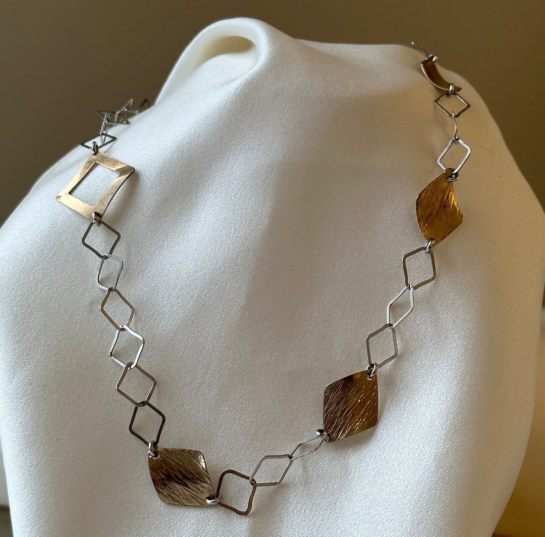 Sterling Silver Chain Necklace, Bronze and Silver Coloured Diamond Link ...