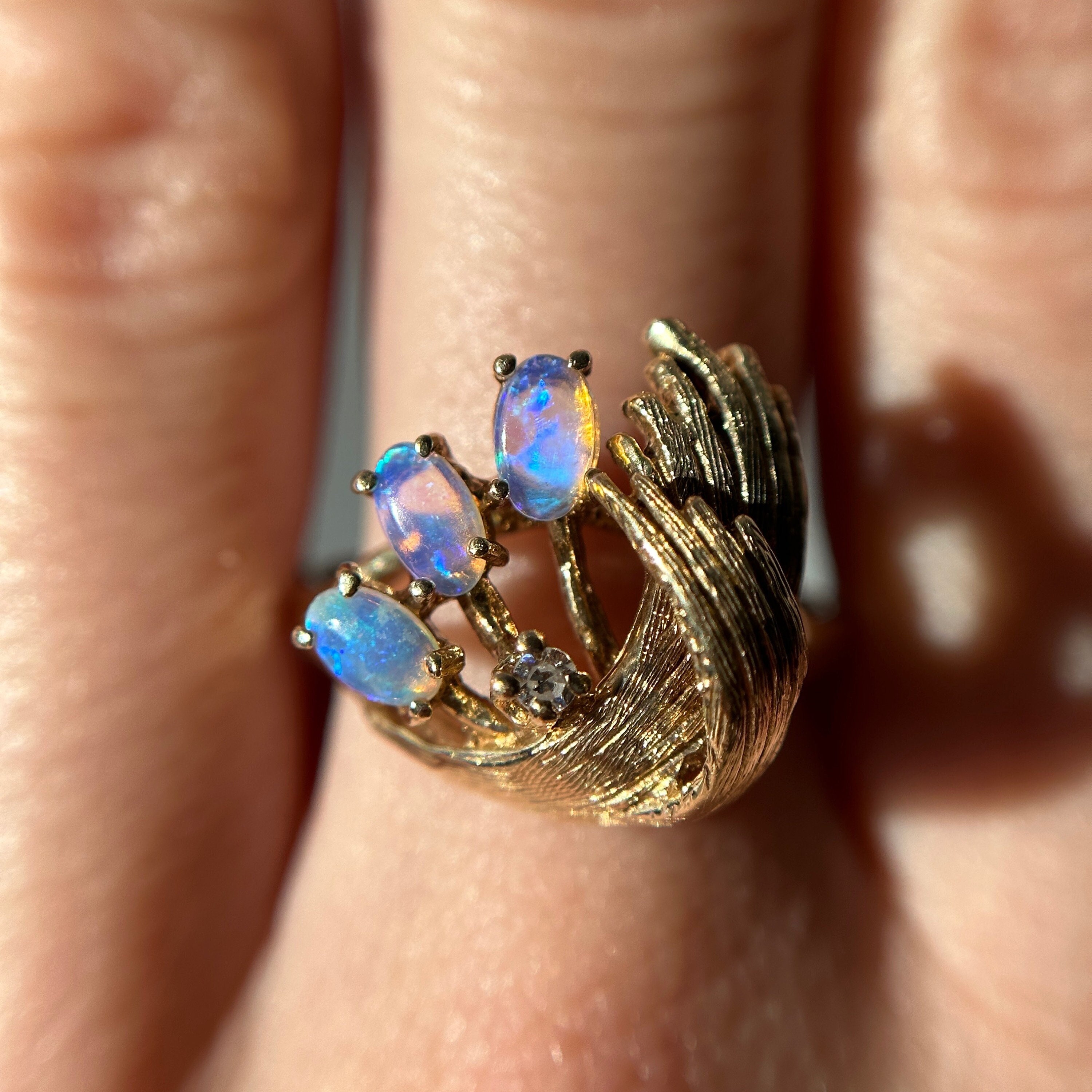 Beautiful Estate 14KT Gold Opal and Diamond Ring Fiery Opal Vintage Style Ring Flower Leaf October and April Birthstones Ring Size 8 US Etsy
