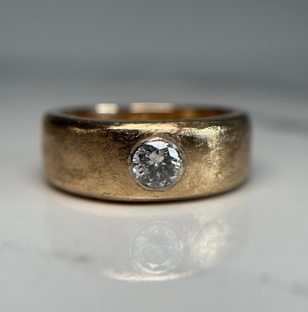 14KT Yellow Gold Wide Diamond Band, Bezel Set Mens Diamond Ring ...