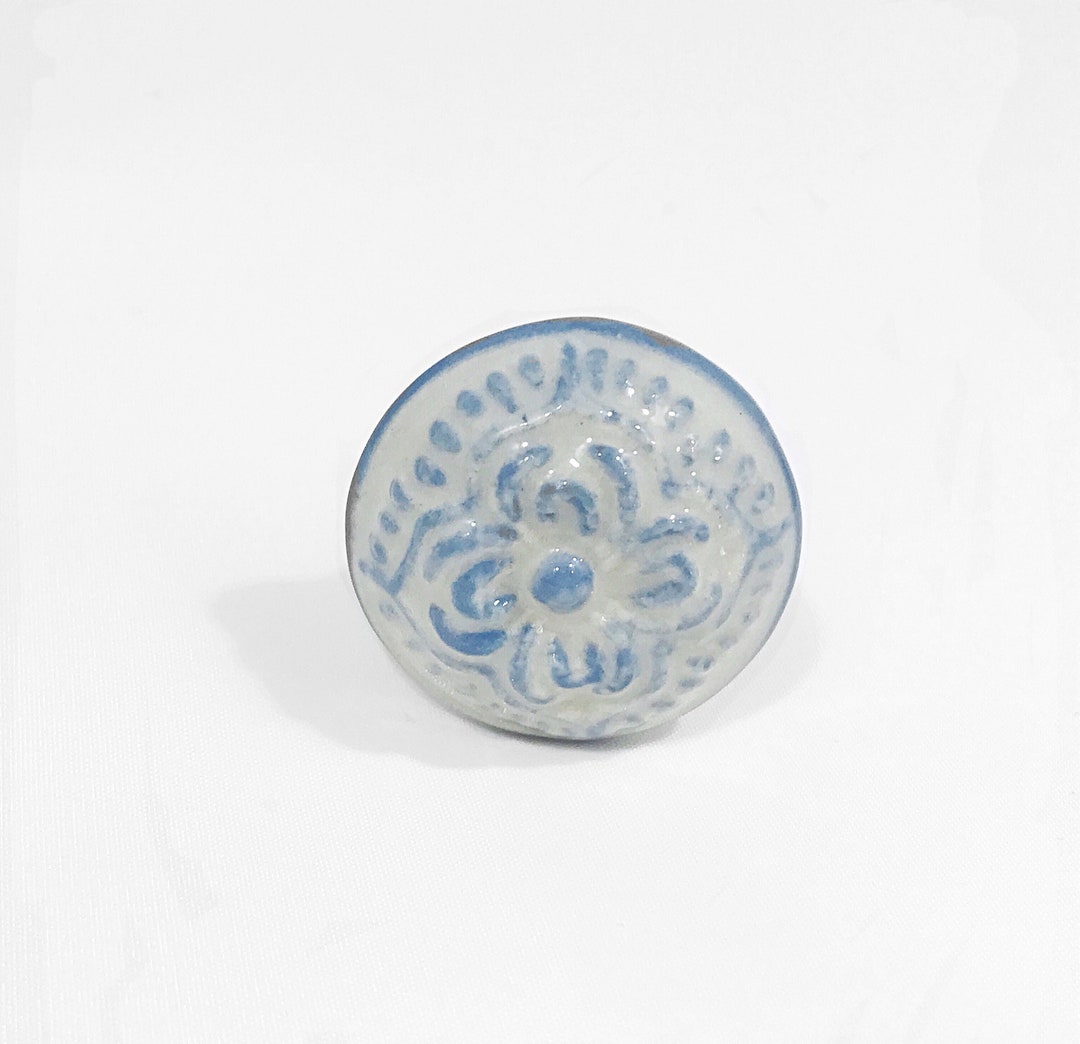 Antique Style Cream and Blue Ceramic Knobs/ Reproduction Knobs / Drawer ...