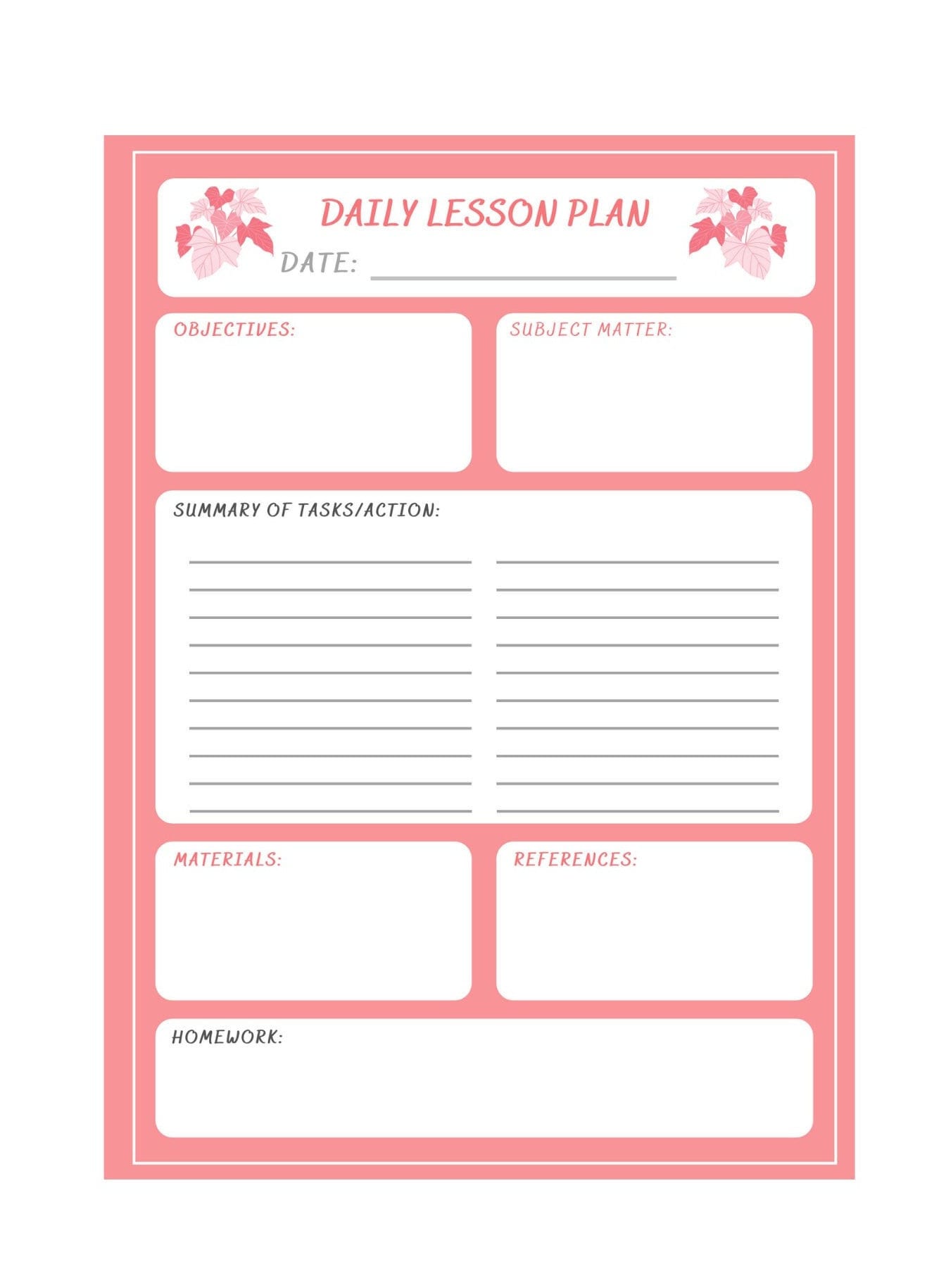 Daily Lesson Plan, Downloadable Printable, Monday Though Friday, School ...