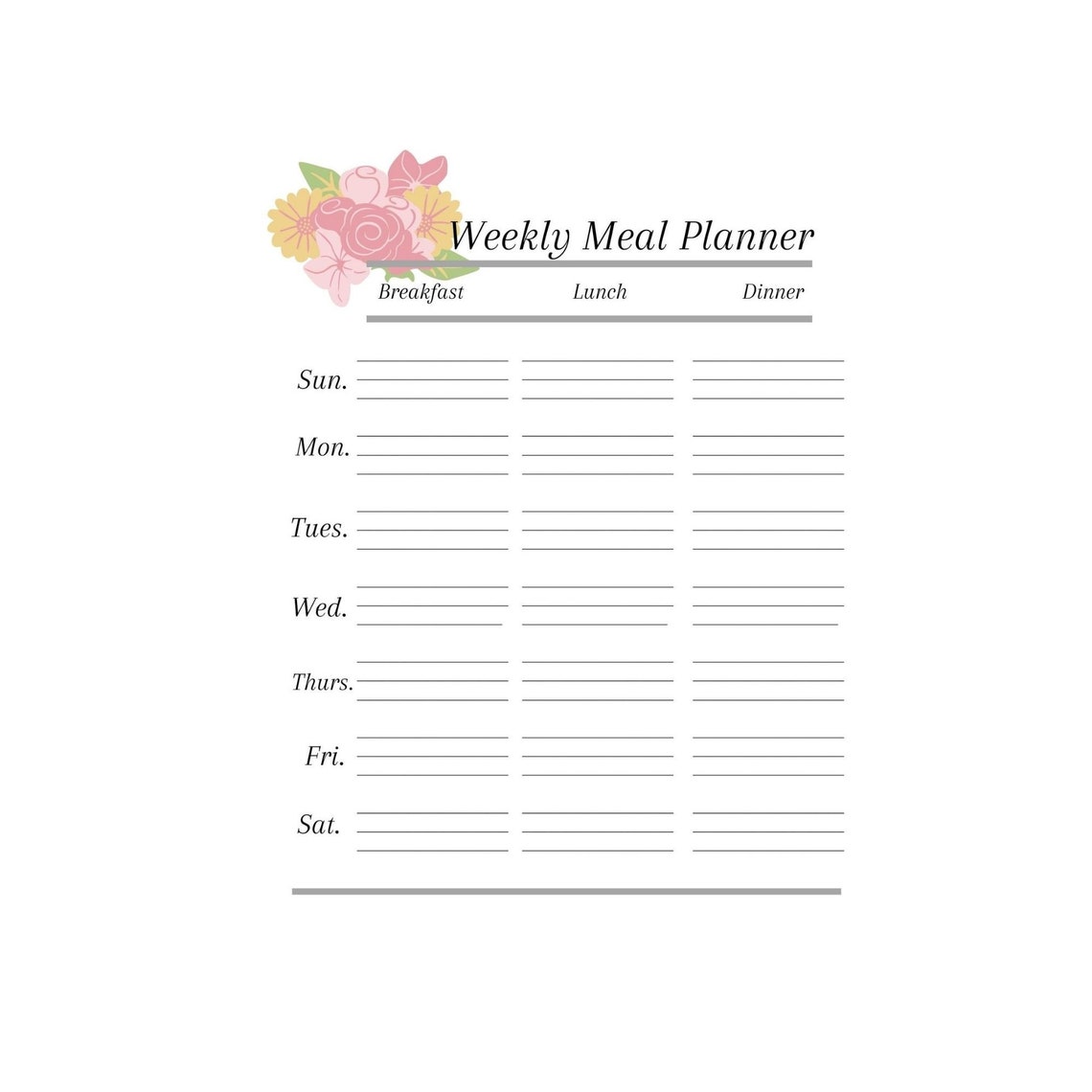 Weekly Meal Planner Sheet Sunday Thru Saturday Downloadable - Etsy