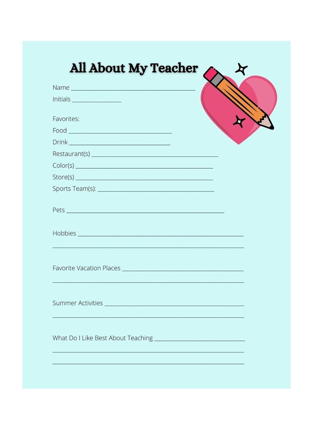 All About My Teacher Downloadable Printable for Pre-k and Grade School ...