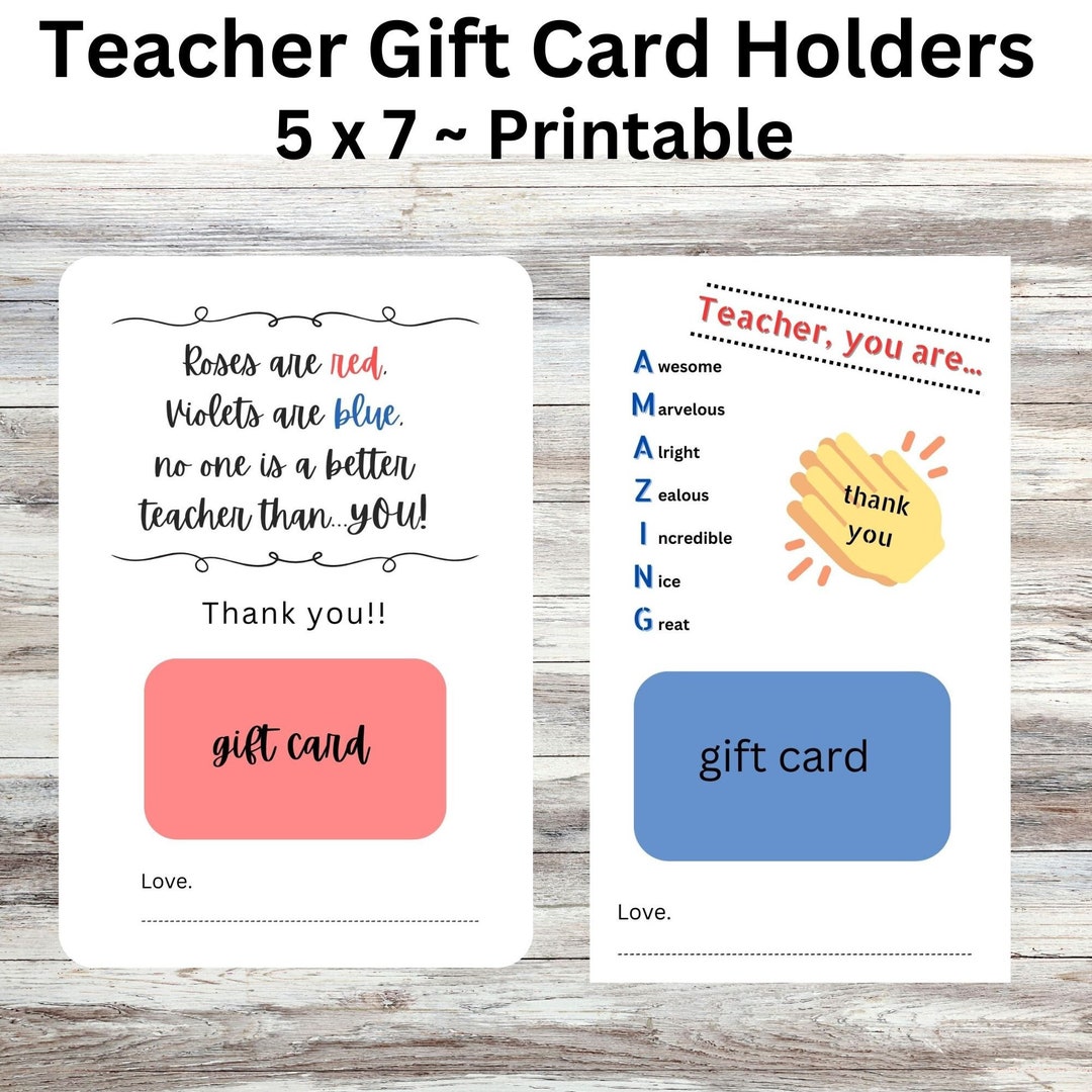 Teacher Gift Card Holder Printable, 5x7 Thank You Cards (PDF) - Etsy