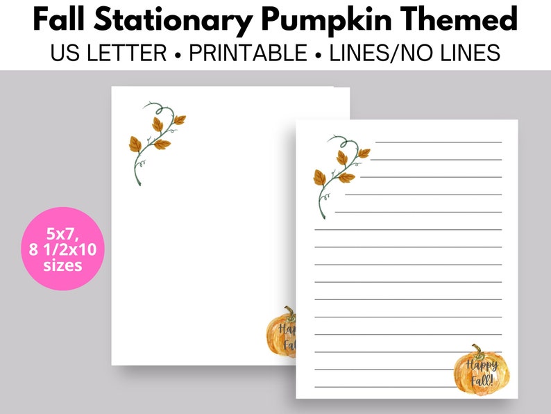 Fall Pumpkin Themed Printable Stationary, Lined/no Lines, Two Sizes ...