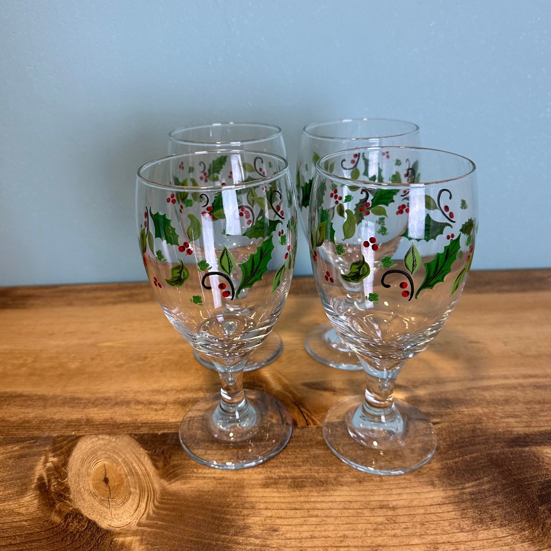Libby Holly and Berry Stemmed Wine or Water Glasses - Vintage Christmas ...