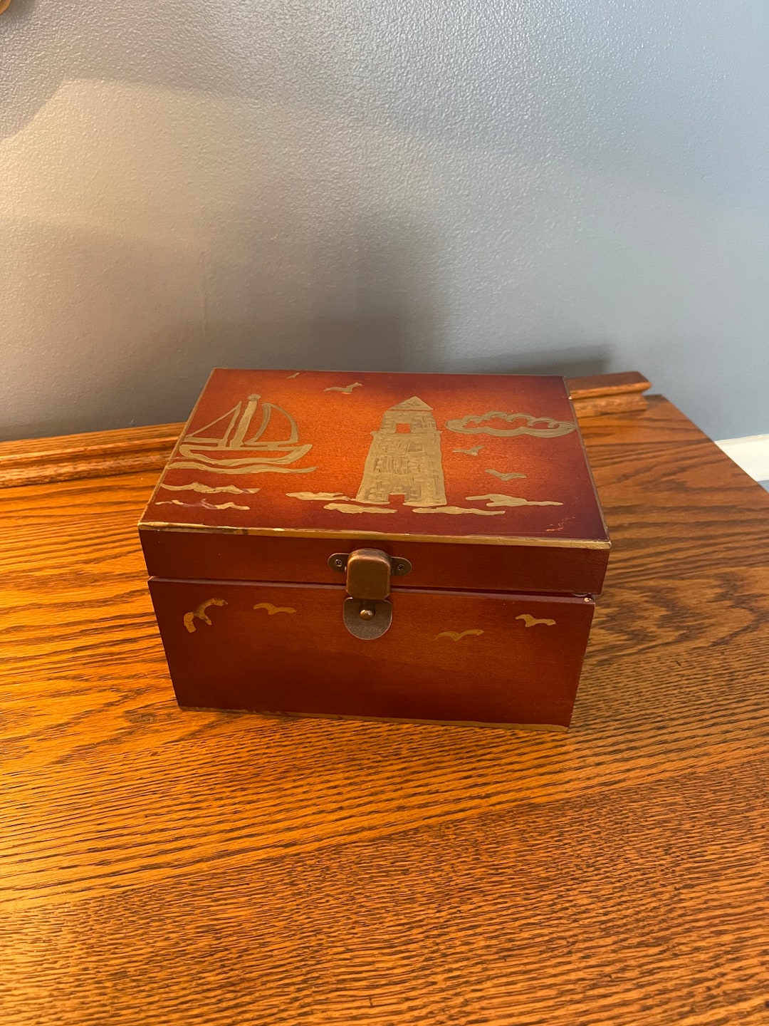 Nautical Wooden Jewelry Box With Green Velour Interior - Vintage ...