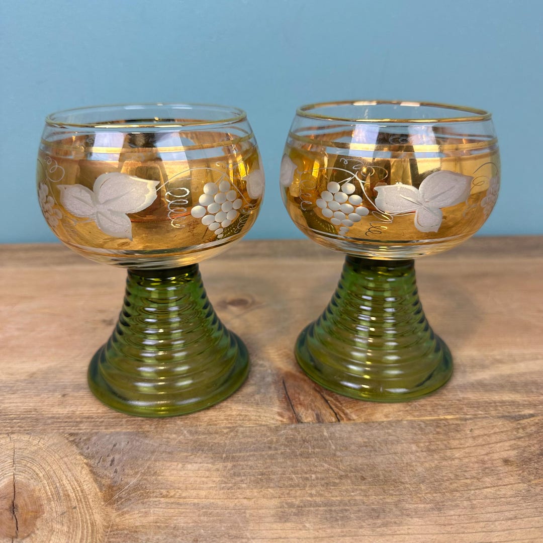 MAPSA Green and Gold Glass Goblets - Gold Grape and Vine Designs ...