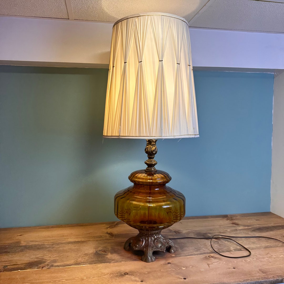 Large Mid Century Amber Glass Lamp With Original Shade - Three Way ...