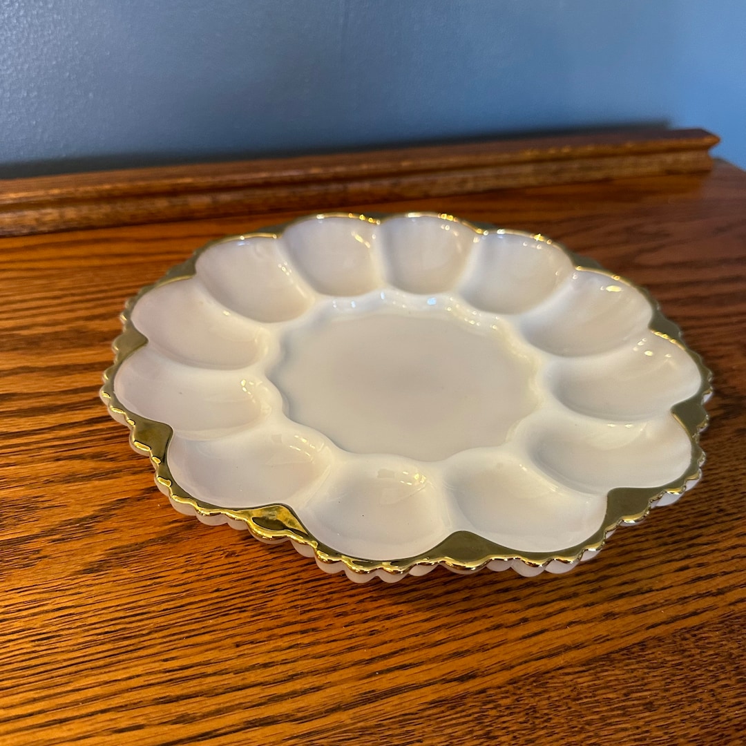 Milk Glass Deviled Egg Plate With Gold Trim - Mid Century - Gold Rimmed ...