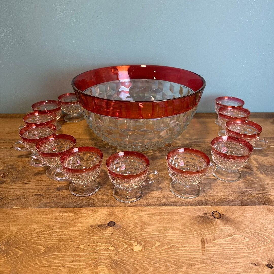 Kings Crown Ruby Red Puch Bowl With 12 Cups - Vintage Ruby Red Punch ...