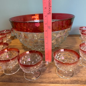 Kings Crown Ruby Red Puch Bowl With 12 Cups - Vintage Ruby Red Punch ...