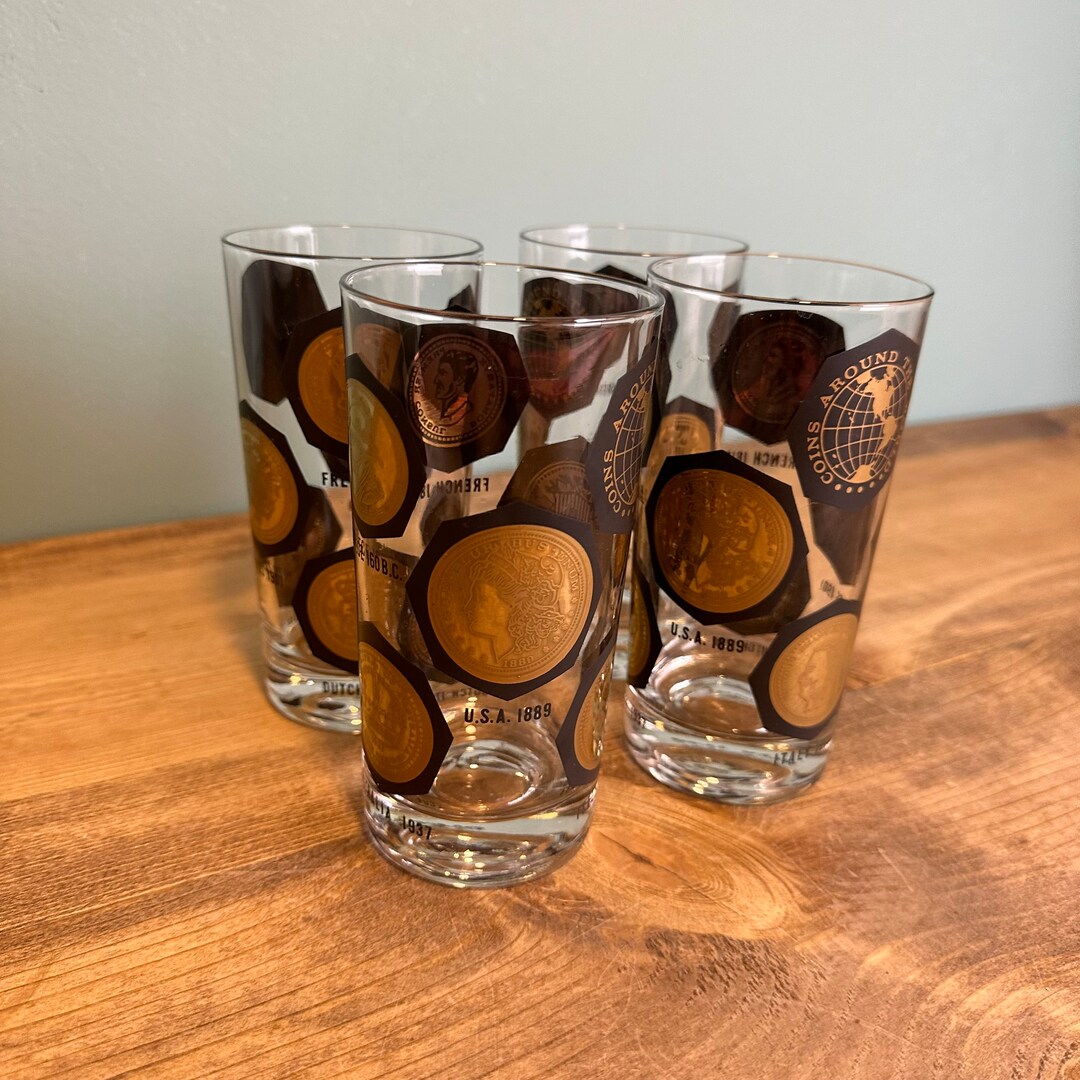 Set of Four MCM Coins Around the World Highball Tumblers Libbey Glasses ...
