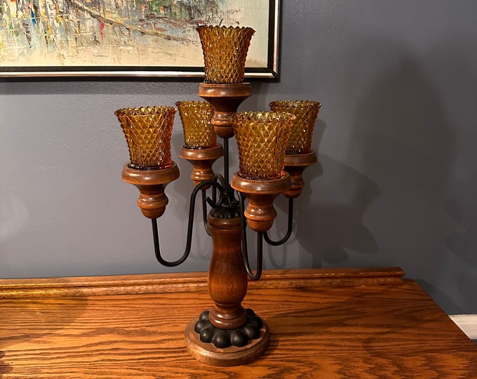 Wooden Candelabra With Amber Glass Votive Holders - Vintage Wooden ...