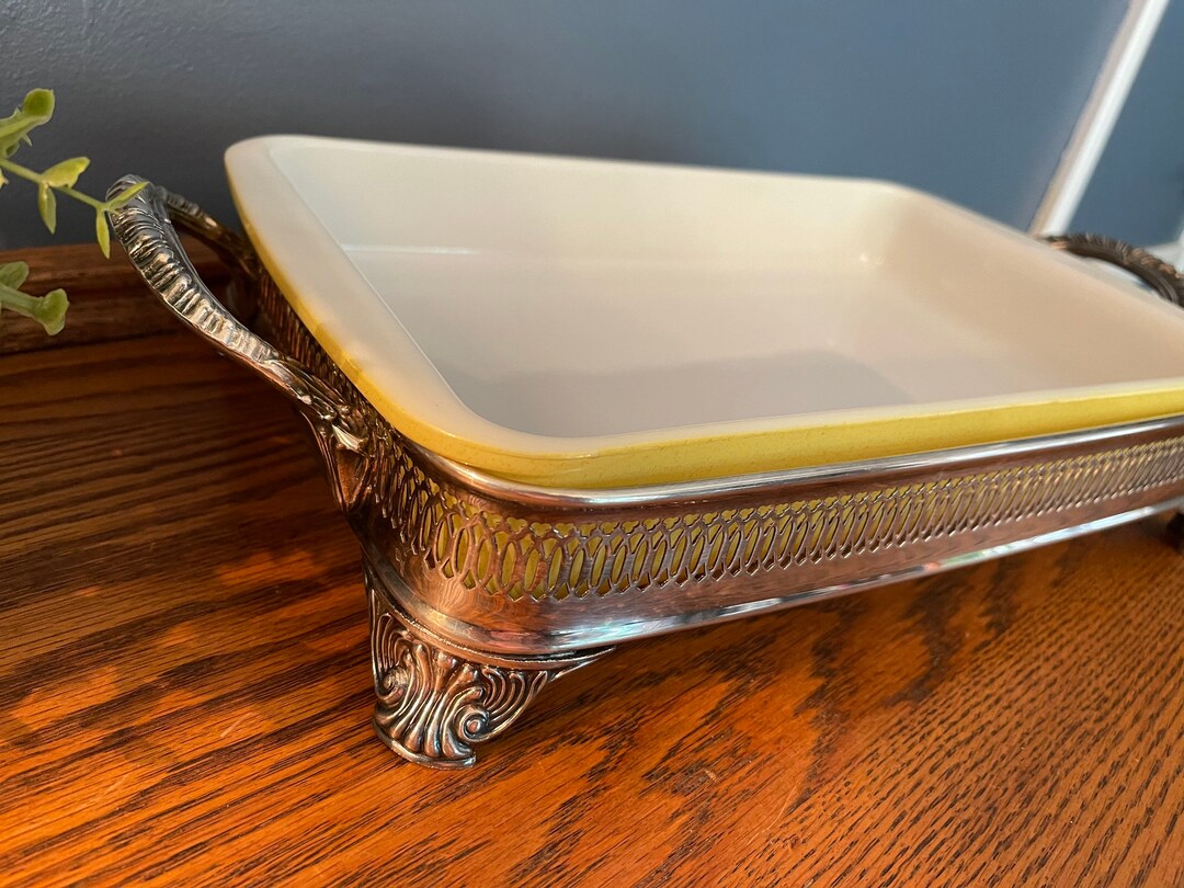 Vintage Pyrex and Holder - Yellow Pyrex Casserole Dish - Silver Plated ...