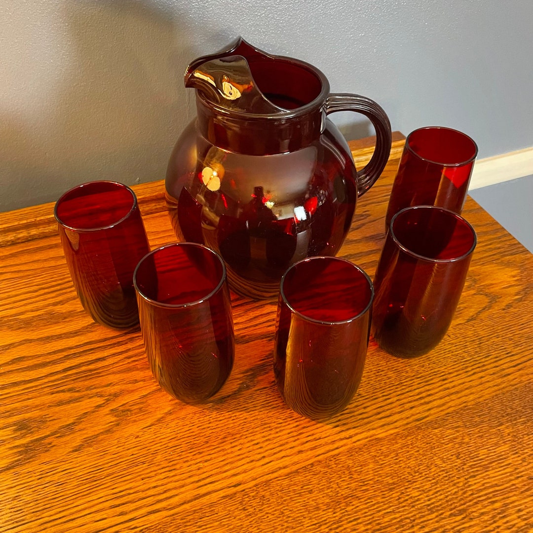 Ruby Red Anchor Hocking Pitcher and Goblets - Etsy