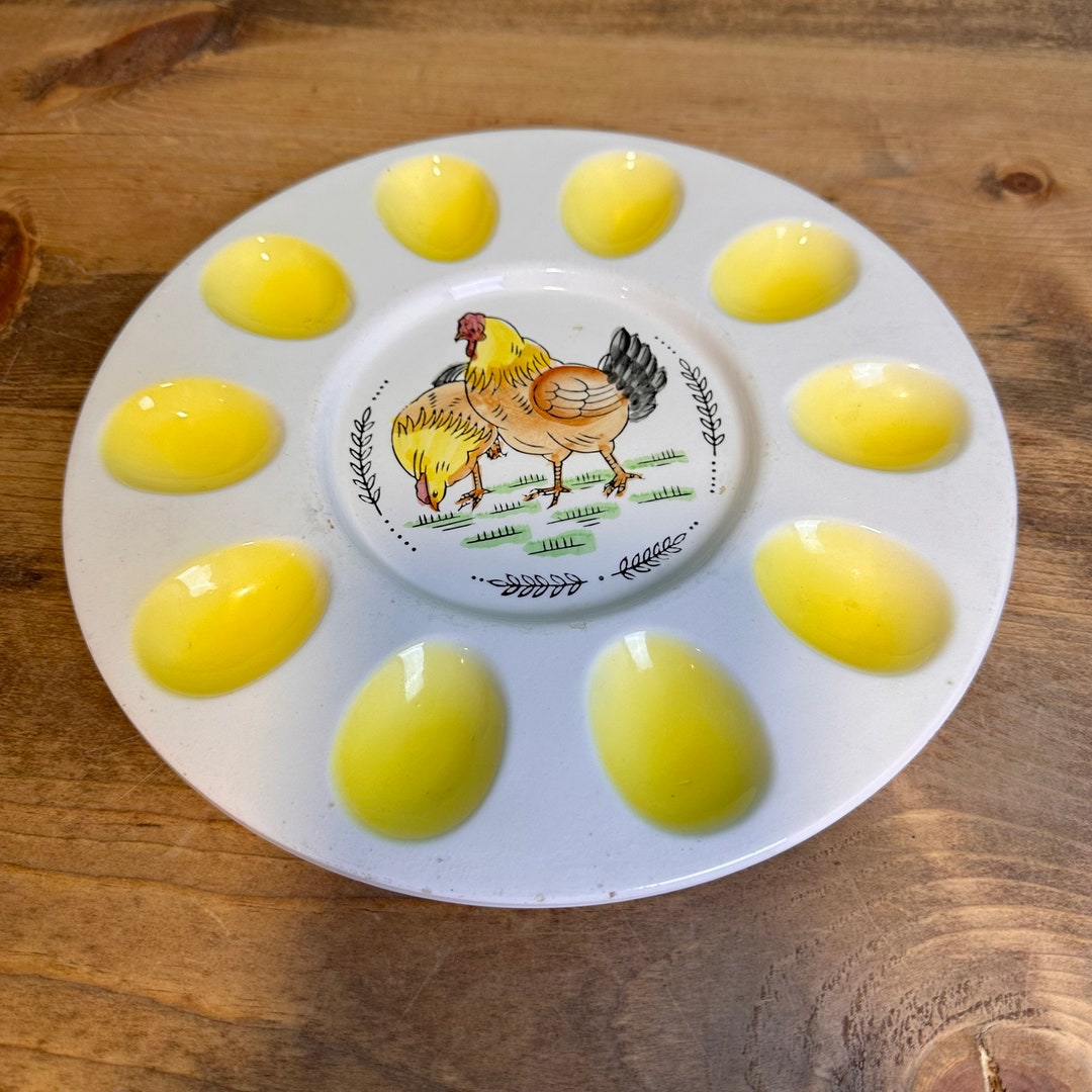 Vintage Ceramic Chicken Egg Dish - White and Yellow With Chicken Design ...